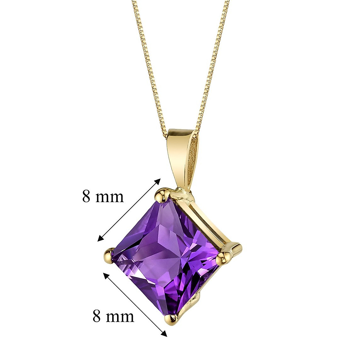 PEORA Solid 14K Yellow Amethyst Pendant for Women, 2 Carats Princess Cut 8mm, Genuine Gemstone Birthstone Solitaire