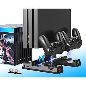 ElecGear PlayStation 4 Vertical Stand and Cooling Fan, Dual Charging Station for DualShock 4 Controller Charger Dock with 4X Mini Dongle, 10x Games Storage Bracket for PS4, PS4 Pro and PS4 Slim