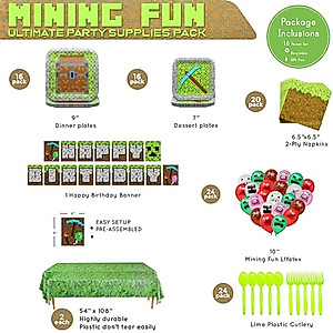 Mining Fun Ultimate Party Supplies Pack (123 Pieces for 16 Guests) - Gamer Party Supplies, Gamer Birthday Decorations, Mining Craft Party, Pixel Miner Party, Gamer Birthday Party, Blue Orchards