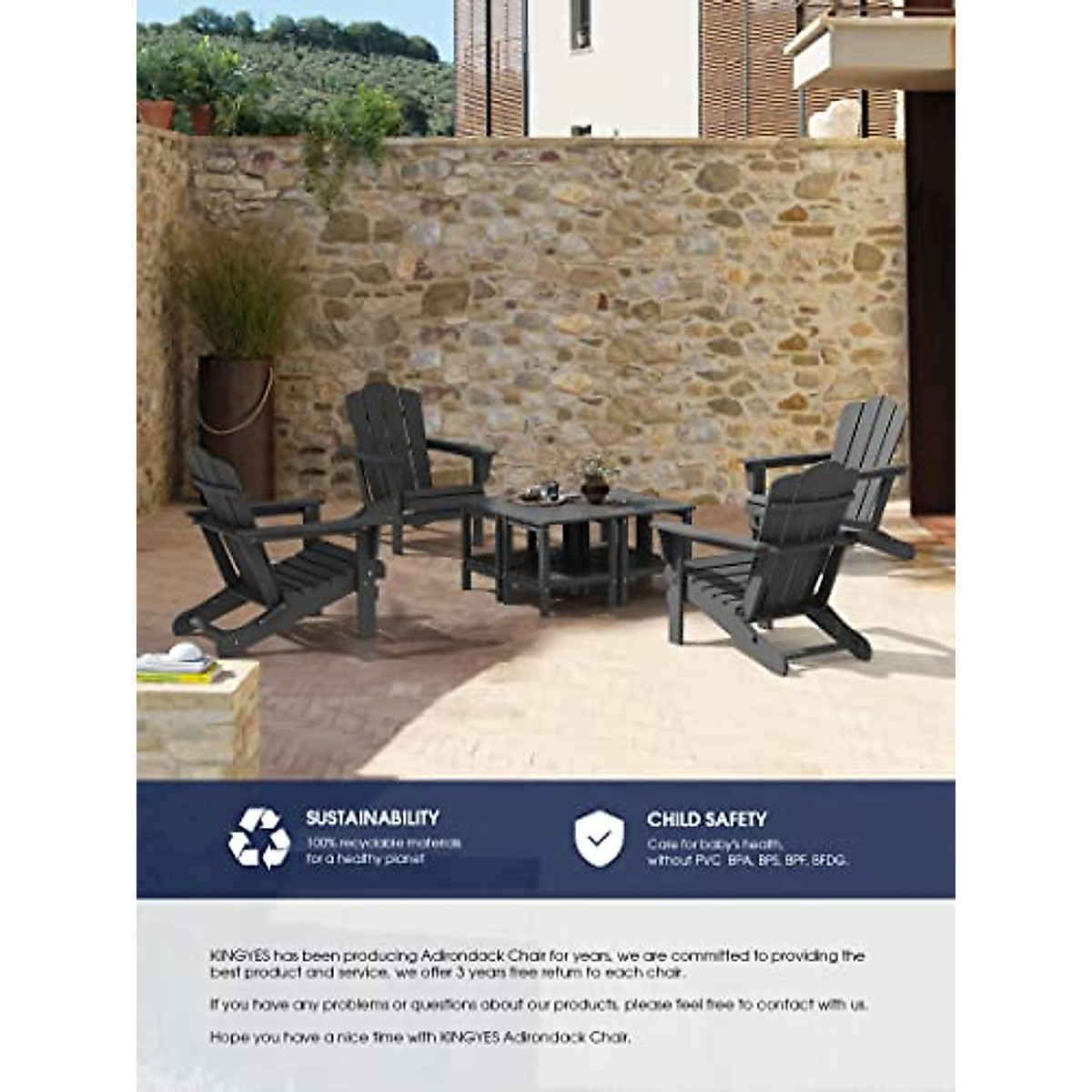 KINGYES Folding Adirondack Chair, HDPE All-Weather Folding Adirondack Chair, Grey