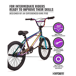 Hyper BMX Bike 20 Inch, Single Speed, Front and Rear Sprockets, Steel BMX Frame. 360 Handlebar Rotation. Park Ready Bicycle for Kids. Jet Fuel Finish