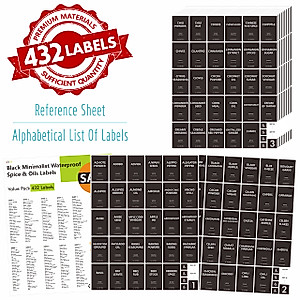 432 Removable Spice Labels, 396 Pre-Printed Herb Seed Seasoning Sauce Oil Vinegar Stickers, 36 Blank Ones, Waterproof Oil&Tear Resistant, No Residue for Kitchen Pantry Containers Jars(White on Black)