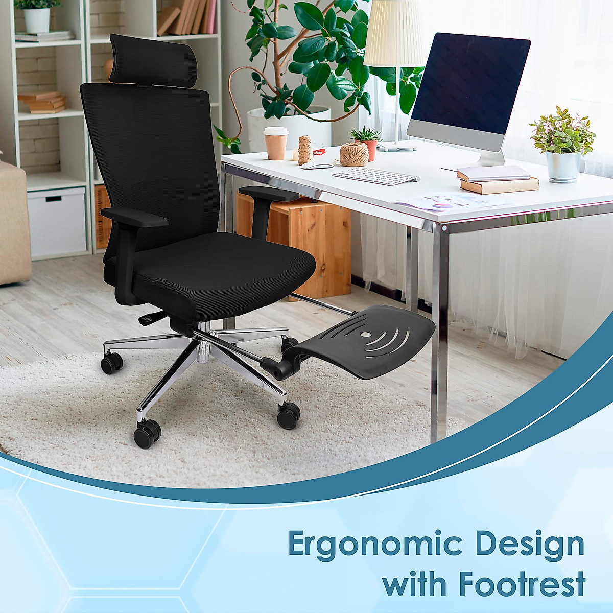 Ergonomic Office Chair with Footrest - Reclining Computer Desk Chair with Wheels for Adults, Lumbar Support, Fixed Arm Rests, Adjustable Height, Breathable Mesh Headrest & Back Rest