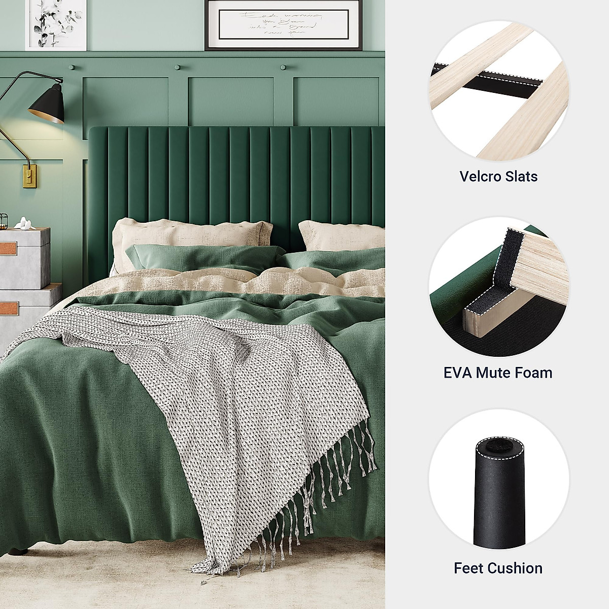 Allewie Full Bed Frame, Velvet Upholstered Platform Bed with Adjustable Vertical Channel Tufted Headboard, Mattress Foundation with Strong Wooden Slats, Box Spring Optional, Easy Assembly, Green