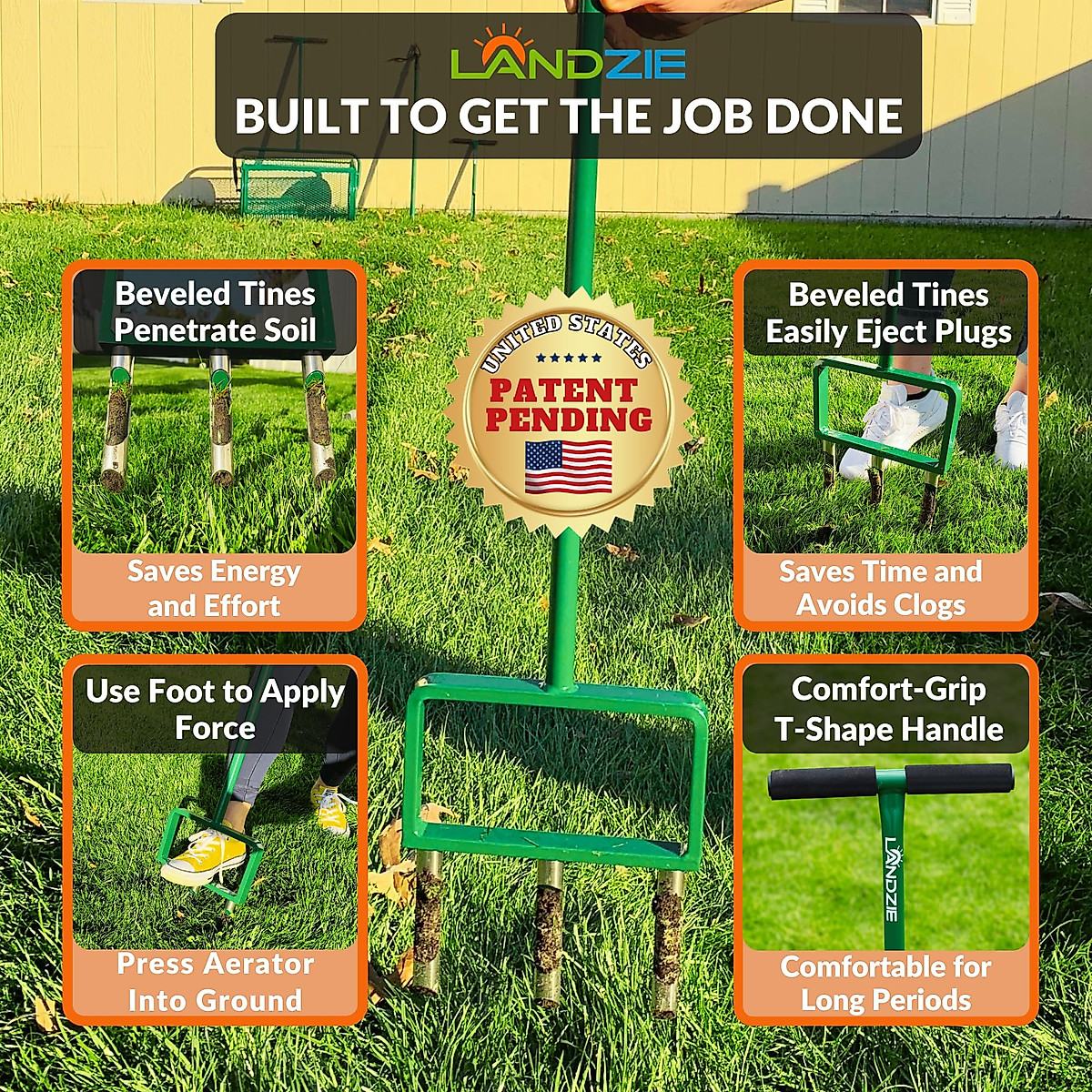 Landzie Hollow Tine Fork Lawn Aerator - 42 Inch Manual Stainless Steel Gardening Hand Tool - Grass Dethatcher Aerator Lawn Tool with Coring Tines for Compacted Soil - Lawn Plugger Aerator…