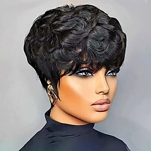 Evasens Pixie Cut Wig Human Hair Wigs for Black Women Short Wigs for Black Women Pixie wig with Bangs Full Machine Made Wig Glueless Wig Natural Wavy Wigs for Women