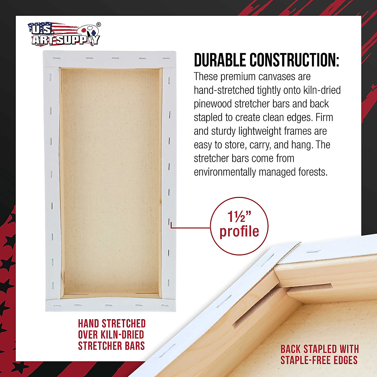 U.S. Art Supply Long Stretched Canvas for Painting 6x12 inch Gallery Depth 1-1/2" Thick, 3-Pack - 12oz Acrylic Gesso Triple Primed, Professional Artist Quality, 100% Cotton - Pouring, Oil Paint