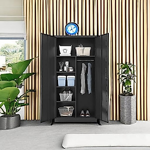 Yizosh Metal Armoire Wardrobe Closet Cabinet for Hanging Clothes with Lock Doors, -72" Steel Lockable Wardrobe Storage Locker Clothes Organizer for Bedroom, Laundry Room (Black)