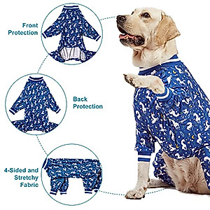 LovinPet Large Dog PJS Clothes: Wound Care/Post Surgery Dog Shirt, Lightweight Stretchy Knit Dog Pajamas, Mermaids & Unicorns Blue and White Print, Large Dog Jammies, Pet PJ's/Medium