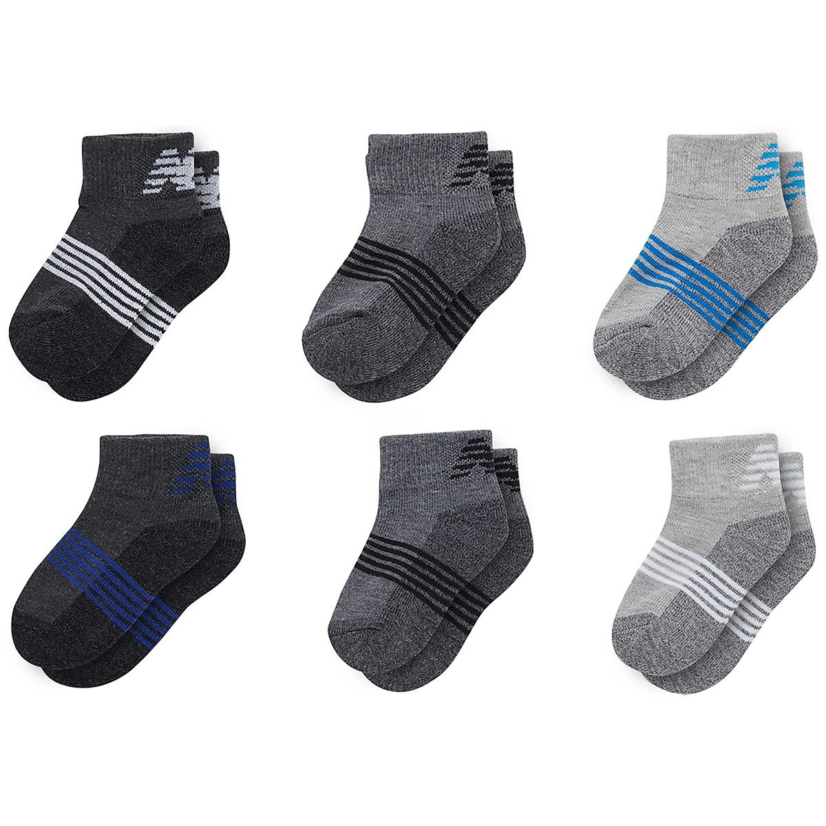 New Balance Baby Boys' Socks - 6 Pack Quarter Cut Non-Skid Gripper Socks (Infant/Toddler), Size 2-4T, Grey