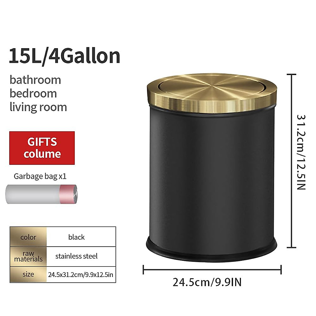 LEASYLIFE Bathroom Garbage can with lid, Trash Can with Flipping Lid, 4gallon,Garbage cans for Kitchen，Living Room. Metallic Gold (Black)