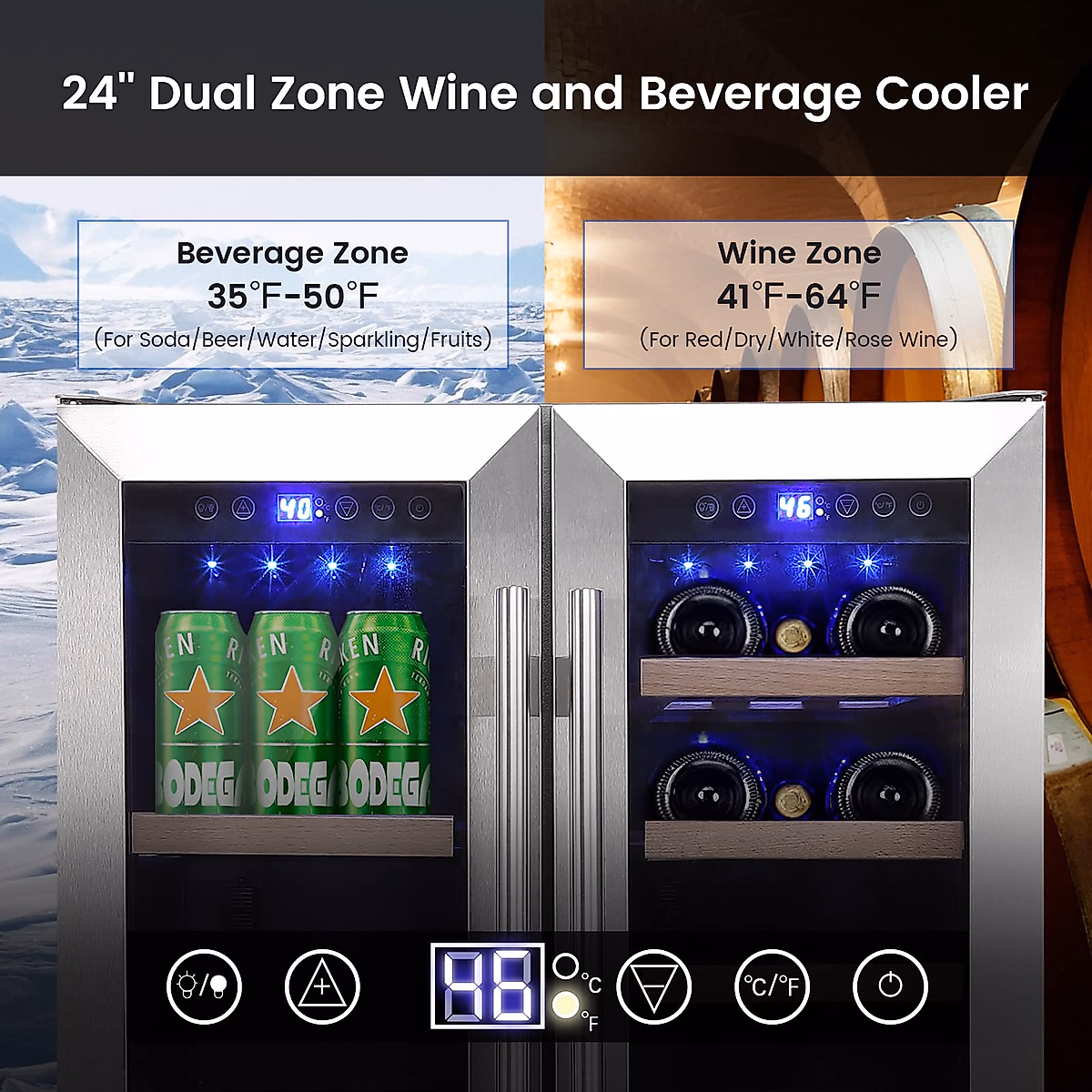 Wine and Beverage Refrigerator, 24 Inch Dual Zone Wine Cooler with Glass Door, Built-In Cooler with Independent Temperature Control and Quite Cool System, 40 Bottles and 55 Cans Capacity