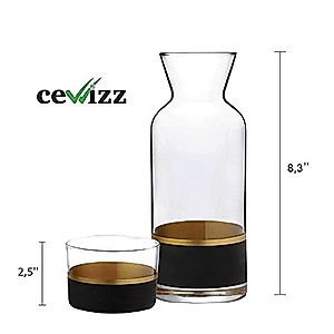 CEVVIZZ Bedside Water Carafe With Glass Set -Cup and Bottle to Keep Next To Your Bed for a Handy Midnight Drink - Glass Carafe 24 oz/Cup 7.5 oz - Beautiful Gift Box (GOLD ELEGANCE)