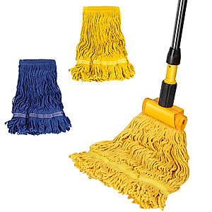 Kphico Broom and Dustpan Set with Upgrade 53" Long Handle&Floor Squeegee and Looped-End String Wet Mop with 2 String Mop Heads,for Laminate,Hardwood,Ceramic,Marble Floor Cleaning