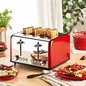 REDMOND Toaster 4 Slice Stainless Steel, Wide Slots 4 Slice Toaster with Bagel Defrost Cancel Function 6 Bread Shade Settings for Bread waffles Auto Shutoff Red