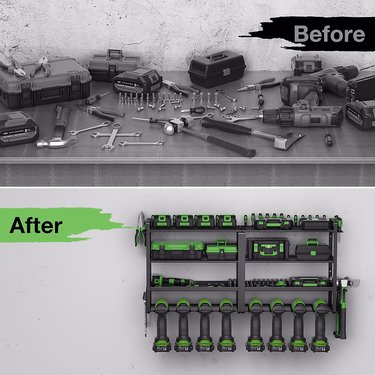 Sixfivsevn Power Tool Organizer, 8 Drill Holder Wall Mount, 4 Layers Garage Tool Organizers and Storage Rack, Heavy Duty Metal Tool Shelf with Hooks/Screwdriver Holder/Plier Holder/Hammer Holder