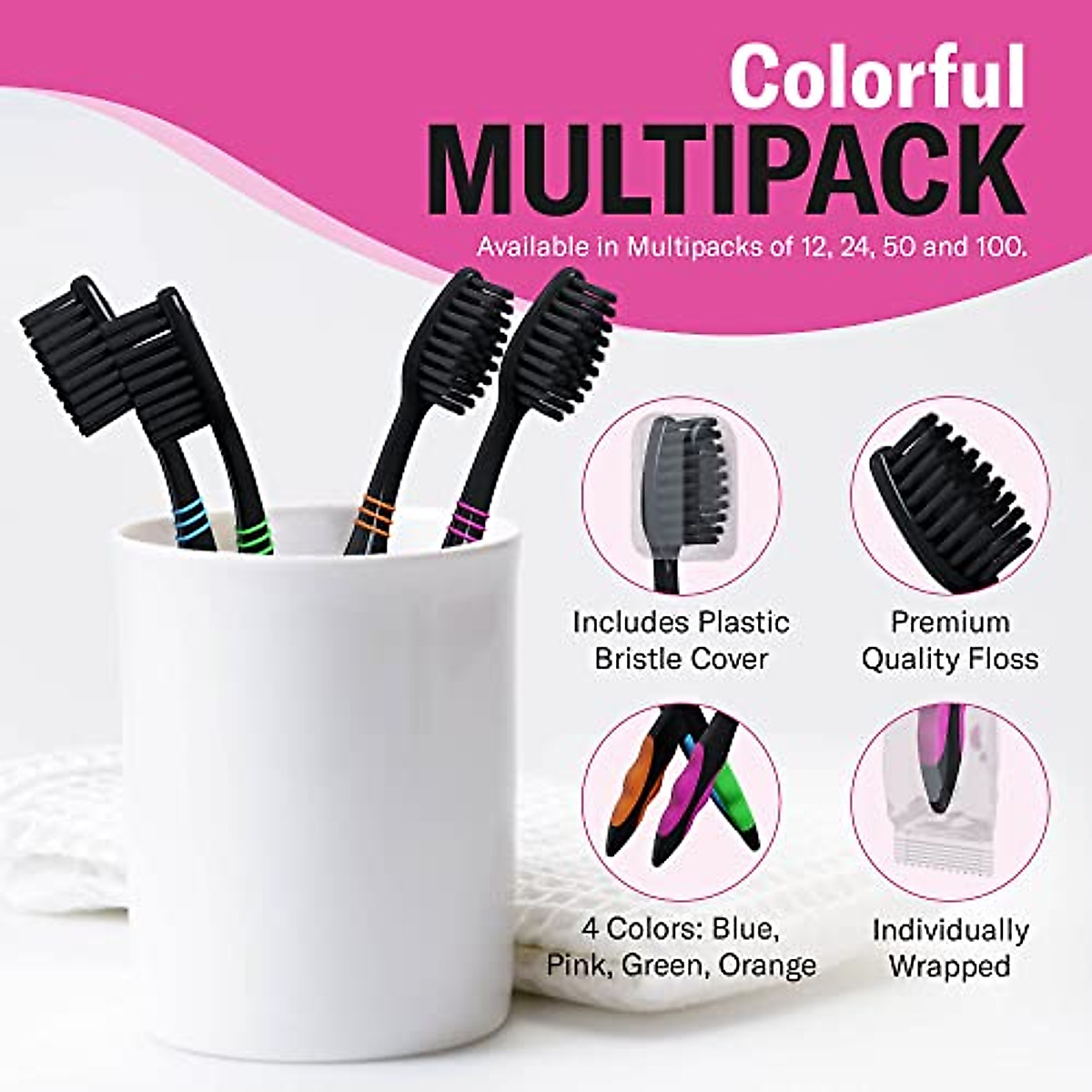 natraco Charcoal Bulk Toothbrushes Individually Wrapped - Deep Clean Charcoal Infused Soft Bristle – Multi Colored Tooth Brush with Covers - for Travel, Kids, Family, Dental Care Etc. 100 Count