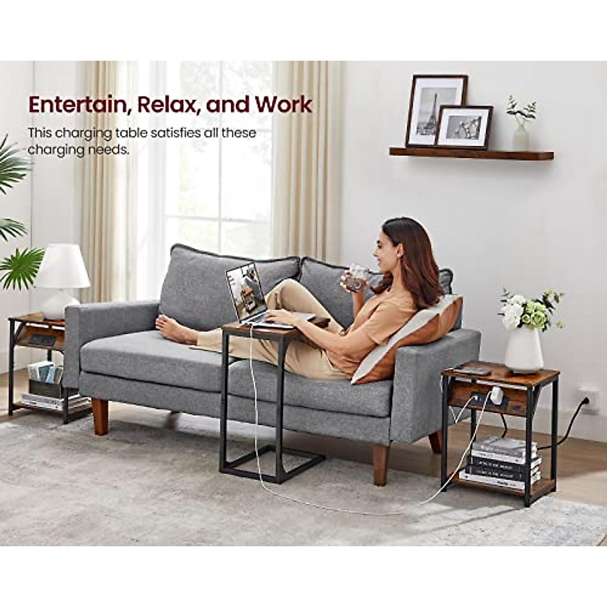 VASAGLE Side Tables with Charging Station, Set of 2 End Tables with USB Ports and Outlets, Nightstands for Living Room, Bedroom, Plug-in Series, Rustic Brown and Black ULET372B01