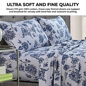 Tribeca Living Ultra-Soft Flannel Sheet Set, 170-GSM Cotton, Deep Pocket, Cozy Winter Bedding - Queen, Floral Deep Blue
