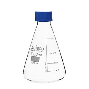 EISCO Erlenmeyer Flask, 1000ml - Borosilicate Glass - with PTFE Screw Cap - Conical Shape - White Graduations