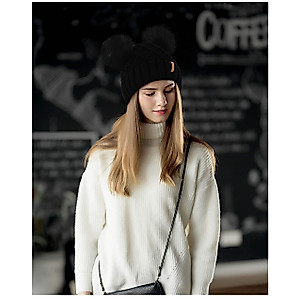 Arctic Paw Winter Cable Knit Fleece Lined Pom Pom Beanie for Women Black