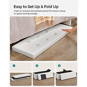 SONGMICS 43 Inches Folding Storage Ottoman Bench, Storage Chest, Footrest, Coffee Table, Padded Seat, Faux Leather, Holds up to 660 lb, White ULSF702
