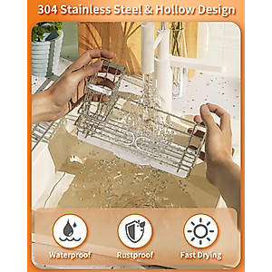 SWTYMIKI Sink Caddy Kitchen Sink Organizer, 304 Stainless Steel Sponge Caddy for Kitchen Sink with Removable Brush Holder Dish Sponge Holder with Drawer Drain Tray for Kitchen Tabletop, Silver