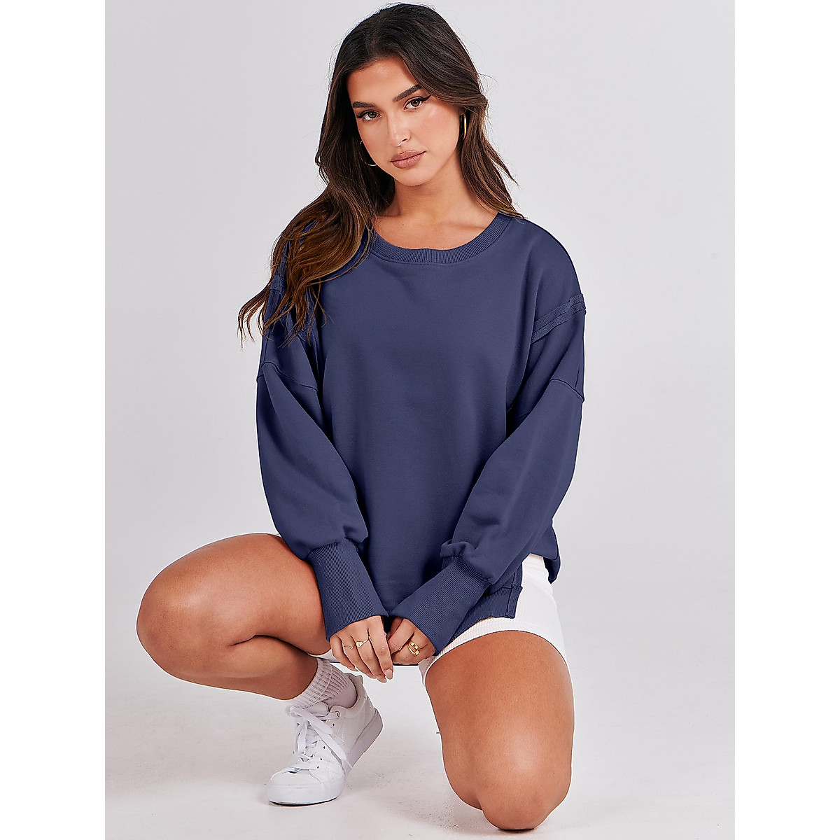 ANRABESS Women's Oversized Sweatshirts Crew Neck Long Sleeve Shirts Casual Loose Slit 2025 Fall Clothes Navy Blue S