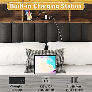 Lifezone Queen Bed Frame with Headboard, Queen Bed Frame with High Storage Bookcase Headboard,4 Storage Drawers & Charging Station & LED,No Box Spring Needed/Noise Free/All-Metal Support,Vintage Brown