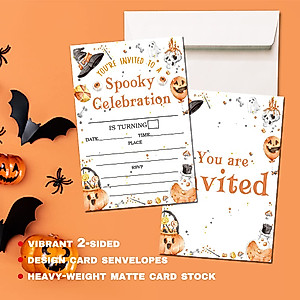 Deluxe Halloween or Costume Party Invitations, 25 Fill-in Cards with Envelopes, Pumpkin, Ghost, Monster, Cute Trick or Treat, Box or Treat for Kids Birthday or Adult party - 4"X6" (JRM347)
