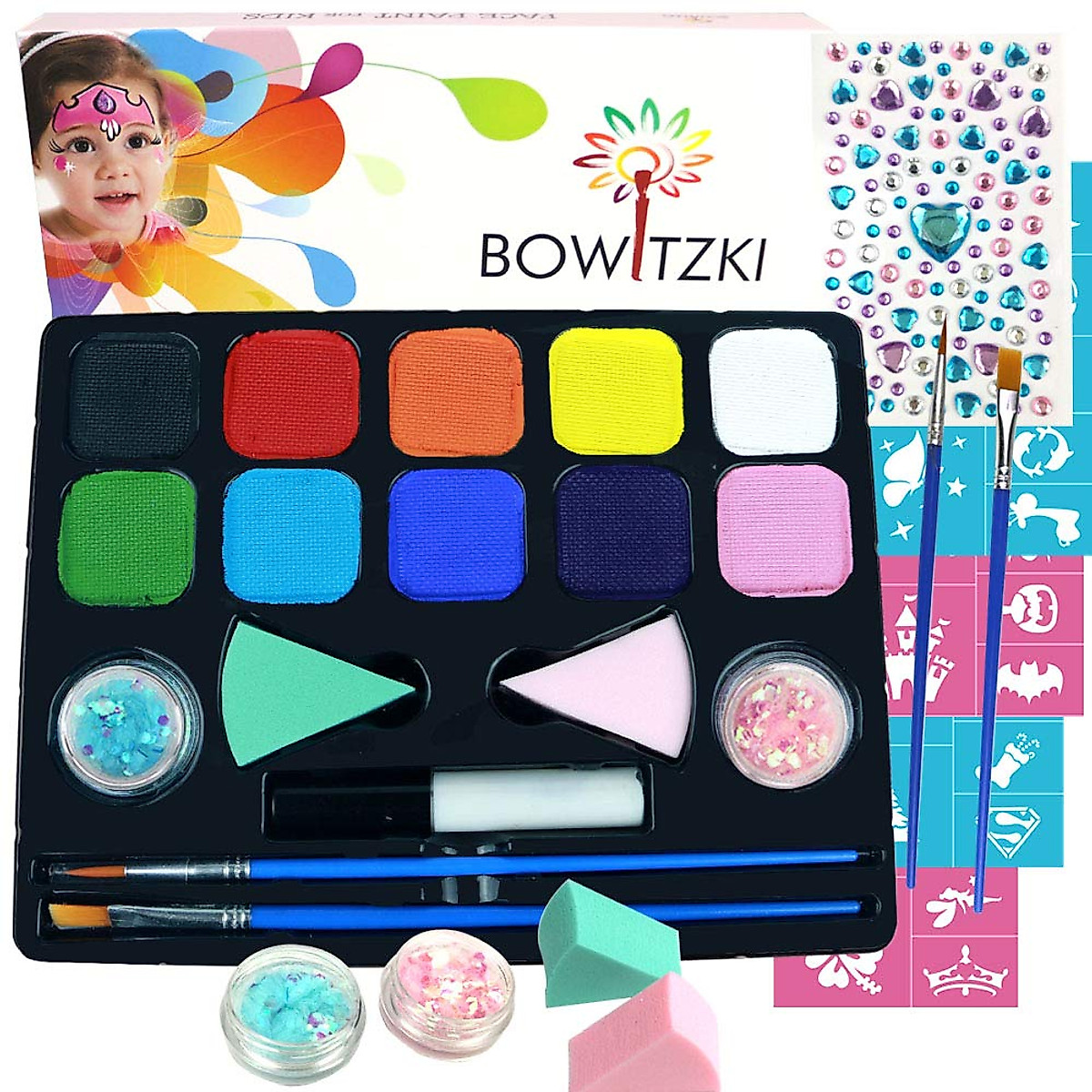 Bowitzki Body Face Paint Kit With 10 Colors,32 Stencils,2 Brushes,2 Chunky Glitters,2 Sponges,1 Glue,Water Based Easy To Remove Face Painting For Kids, Safe Professional Halloween Party Makeup Set