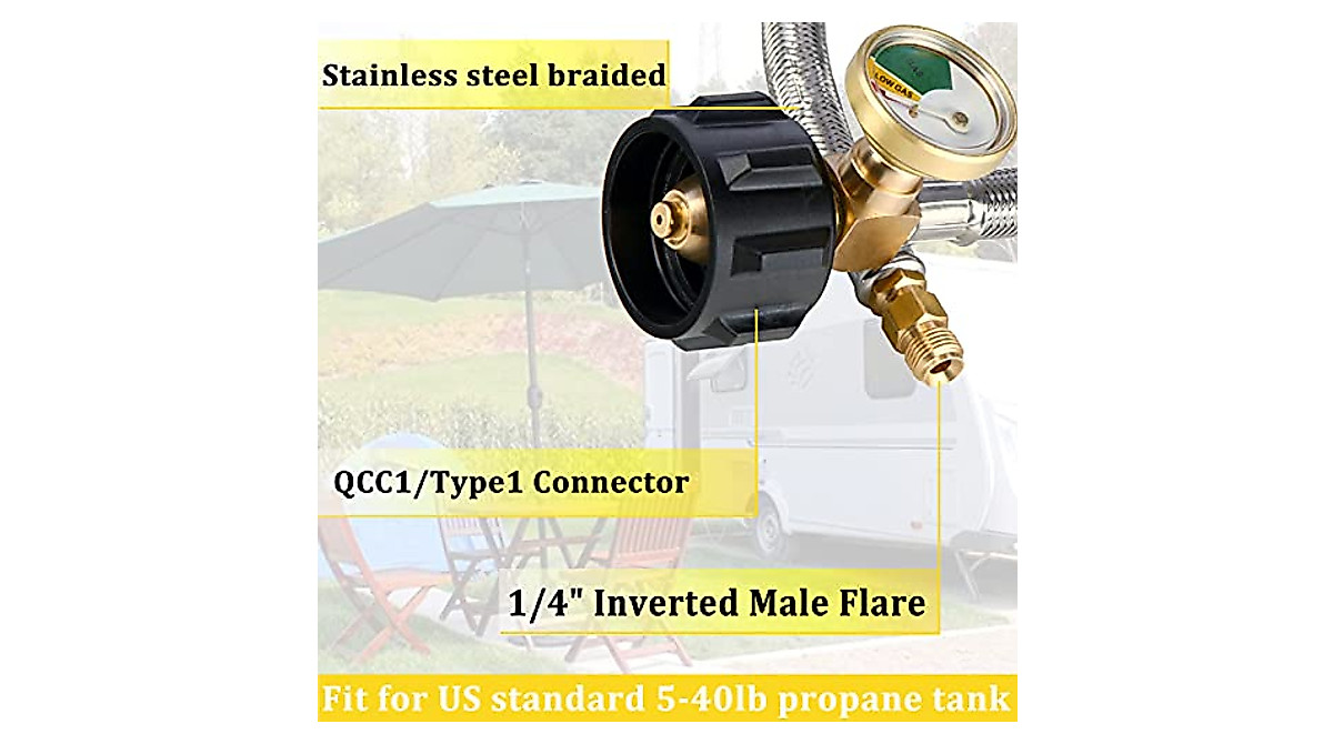 1/4" Inverted RV Propane Hose with Gauge，15" Stainless Steel Braided Propane Tank Pigtail ...