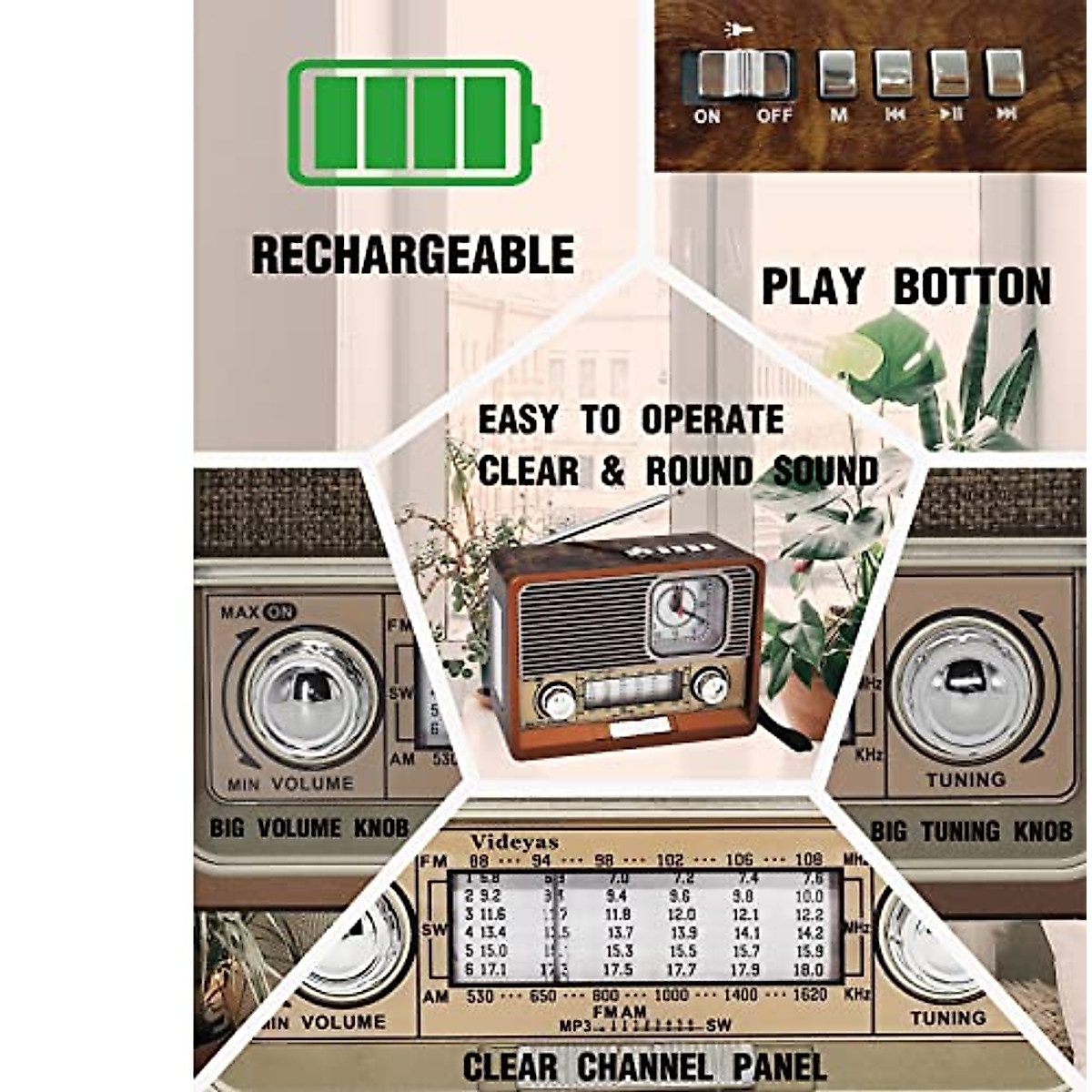 Videyas Portable Shortwave Retro Radio, AM FM Retro Radio, with Bluetooth Speaker, Best Reception, Rechargeable Battery, Torch, AUX TF USB Stick, Great for Outdoor Kitchen Gifts