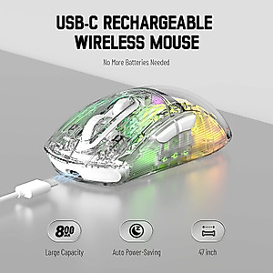 Wireless Gaming Mouse PC Transparent Shell Computer Mice with Dual mode BT5.0/2.4G,PixArt Chip 3D RGB Lighting,Ergonomic 7 Buttons,Rechargeable Mute Mouse for PC Laptop Tablet PS4 PS5 Xbox one