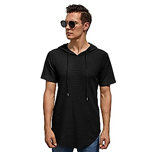 Sailwind Men's Waffle Knit Short Sleeve Hoodie Lightweight Hooded Pullover T Shirts, Black