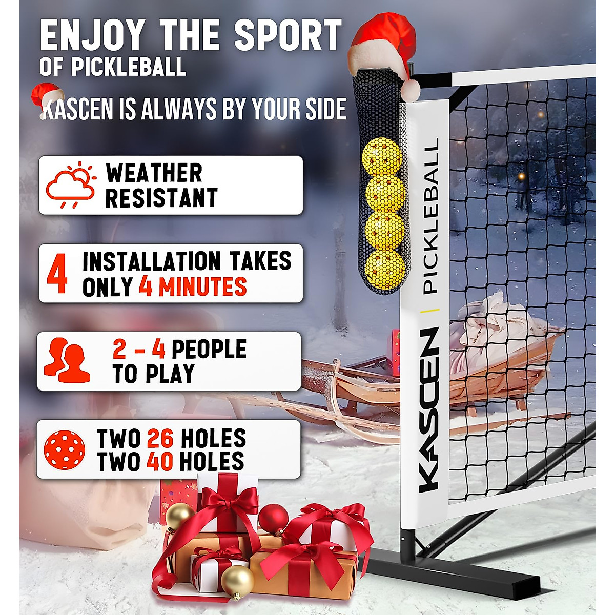 Kascen Pickleball Net - 22 FT Regulation Size Portable Pickleball Net System, Pickle Ball Net with Exclusive Ball Holder, 4 Pickleballs & Carry Bag, Pickle Ball Net for Outdoor Indoor Driveway