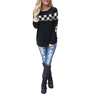 Blooming Jelly Women's Color Block Plaid Shirt Crewneck Sweatshirt Elbow Patches Pullover Sweatshirt Top (Large, Black White Plaid)