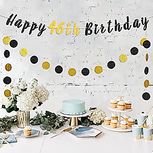 LASKYER 46th Birthday Decoration Set - Happy 46th Birthday Banner with Black & Gold Glitter Circle Dots Cheers to 46 Years Old Birthday Party Decorations.[Pre - Strung]