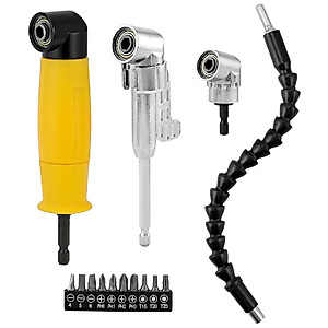 QWORK Professional Drill Accessory Kit with Chrome Vanadium Steel, Flexible Drill Extension, Dual 105° Right Angle Drill Attachments, 90° Hex Shank Drill Bit, and 10-in-1 Screwdriver Bit Set