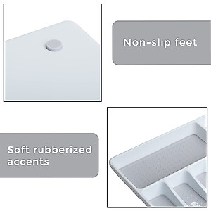 Smart Design 6 Compartment Plastic Drawer Organizer - Non-Slip Lining and Feet - BPA Free - Utensils, Flatware, Office, Personal Care, or Makeup Storage - Kitchen - White with Gray