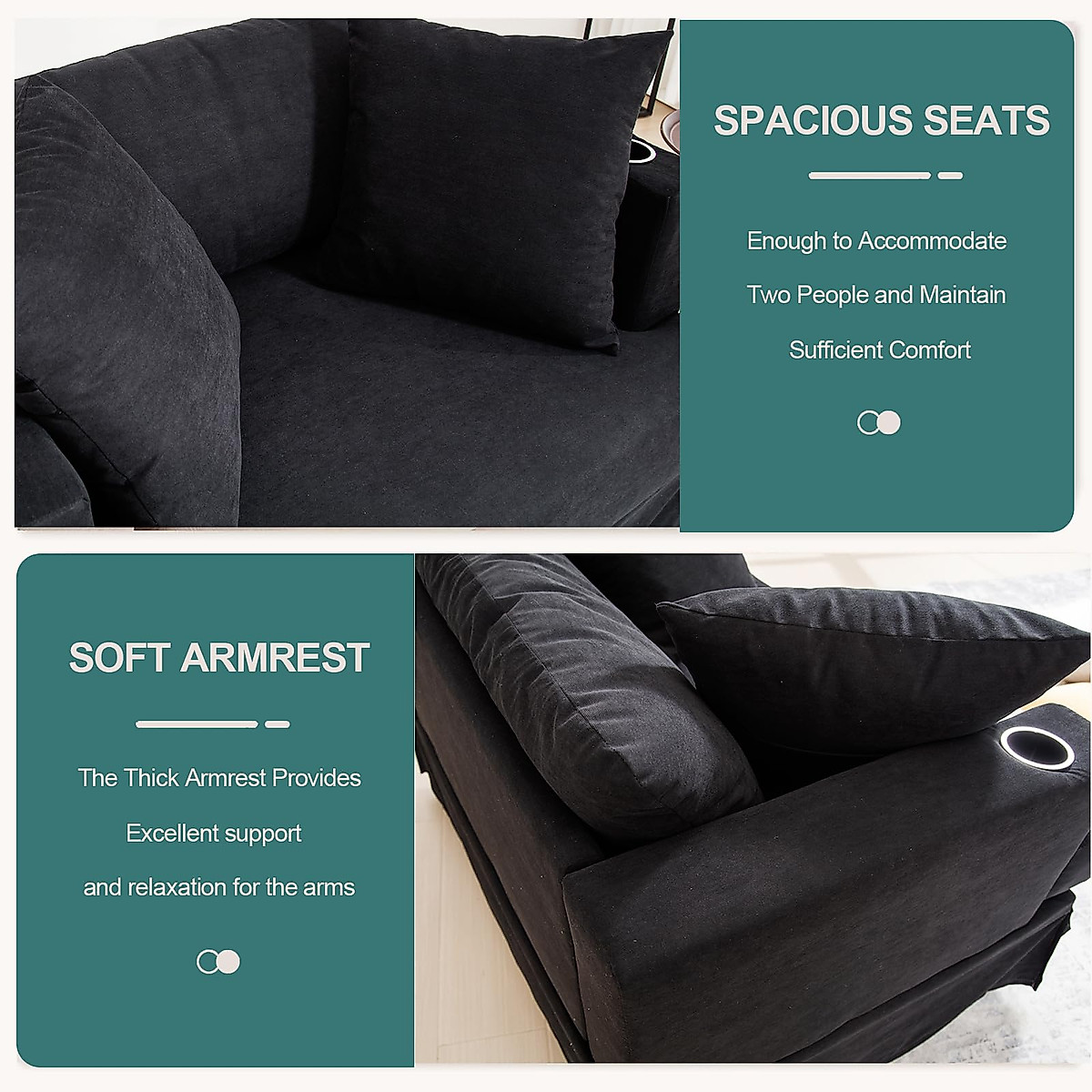 ASAHREE 47'' Mid Century Oversized Reading Armchair, Corduroy 2 Seater Upholstered Sofa Loveseat with 2 Cup Holder, Comfy Modern Accent Chair for Bedroom, Living Room, Black