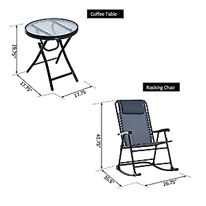 Outsunny 3 Piece Outdoor Rocking Bistro Set, Patio Folding Chair Table Set with Glass Coffee Table for Yard, Patio, Deck, Backyard, Grey