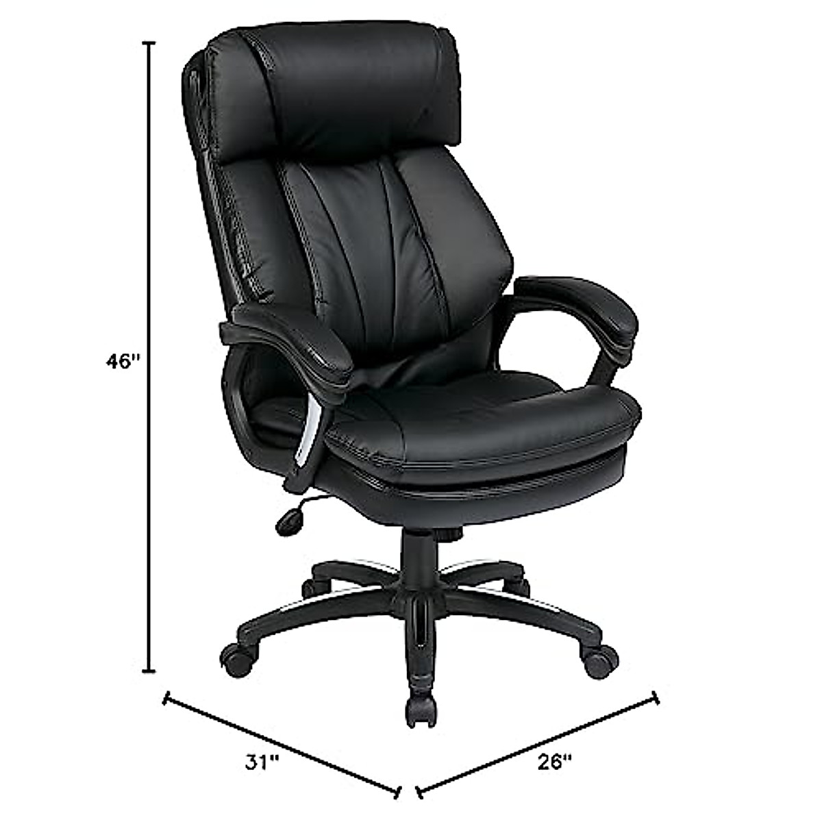 Office Star FL Series Oversized Faux Leather Executive Office Chair with Padded Loop Arms, Adjustable Height, Built-in Lumbar Support, and Tilt Control, Black