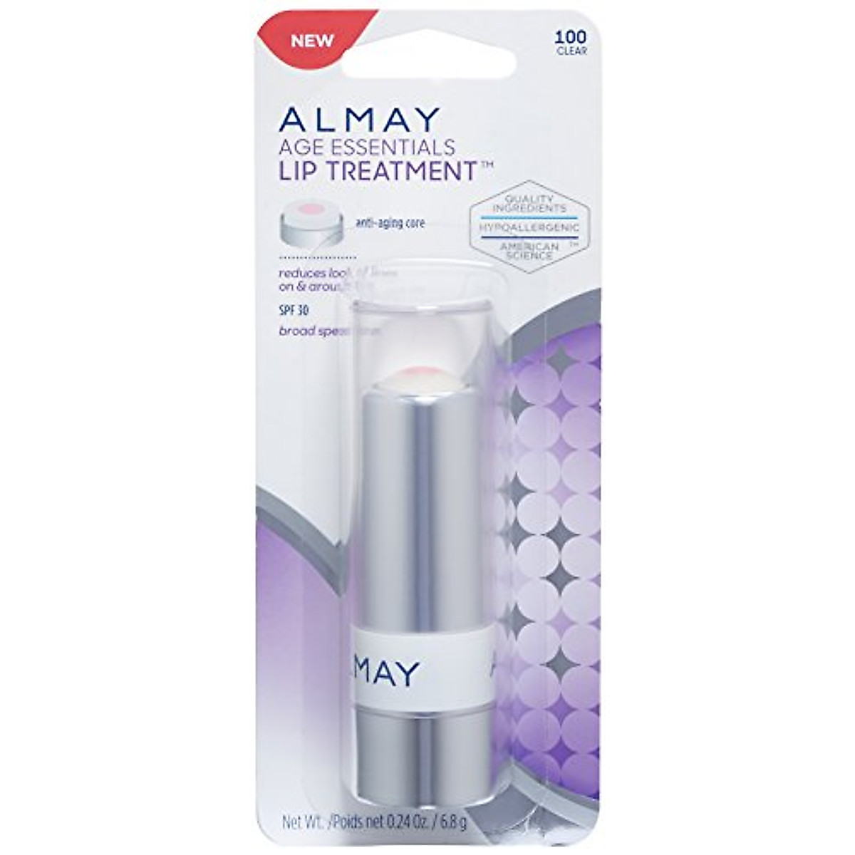 Almay Lip Treatment, Age Essentials, Spf 30, Hypoallergenic, Fragrance Free,100 Clear, 0.24 Oz