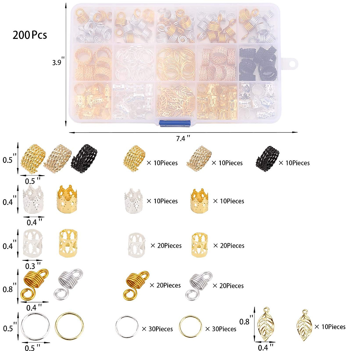 200 Pcs Loc Hair Jewelry for Braids, Metal Gold and Silver Hair Charms for Women, Hair Beads Rings Cuffs Dreadlocks Accessories Decoration