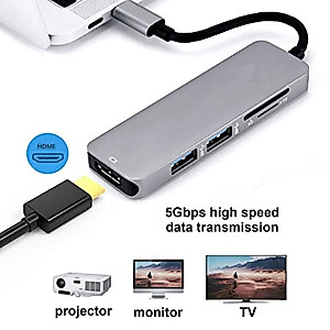 USB C Hub, 30HZ 4K HD 5 in 1 USB C Multiport Adapter 3840x2160 5Gbps Transfer Support Dual Cards PD Charging USB Docking Station for Home Office Travel