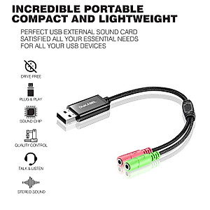 USB Audio Adapter, DuKabel USB to 3.5mm Jack TRS AUX Adapter for Built-in Chip USB Sound Card for Headset with Separate Plug TRS 3 Pole Microphones [Metal Housing & Durable Braided / 9.8inch]