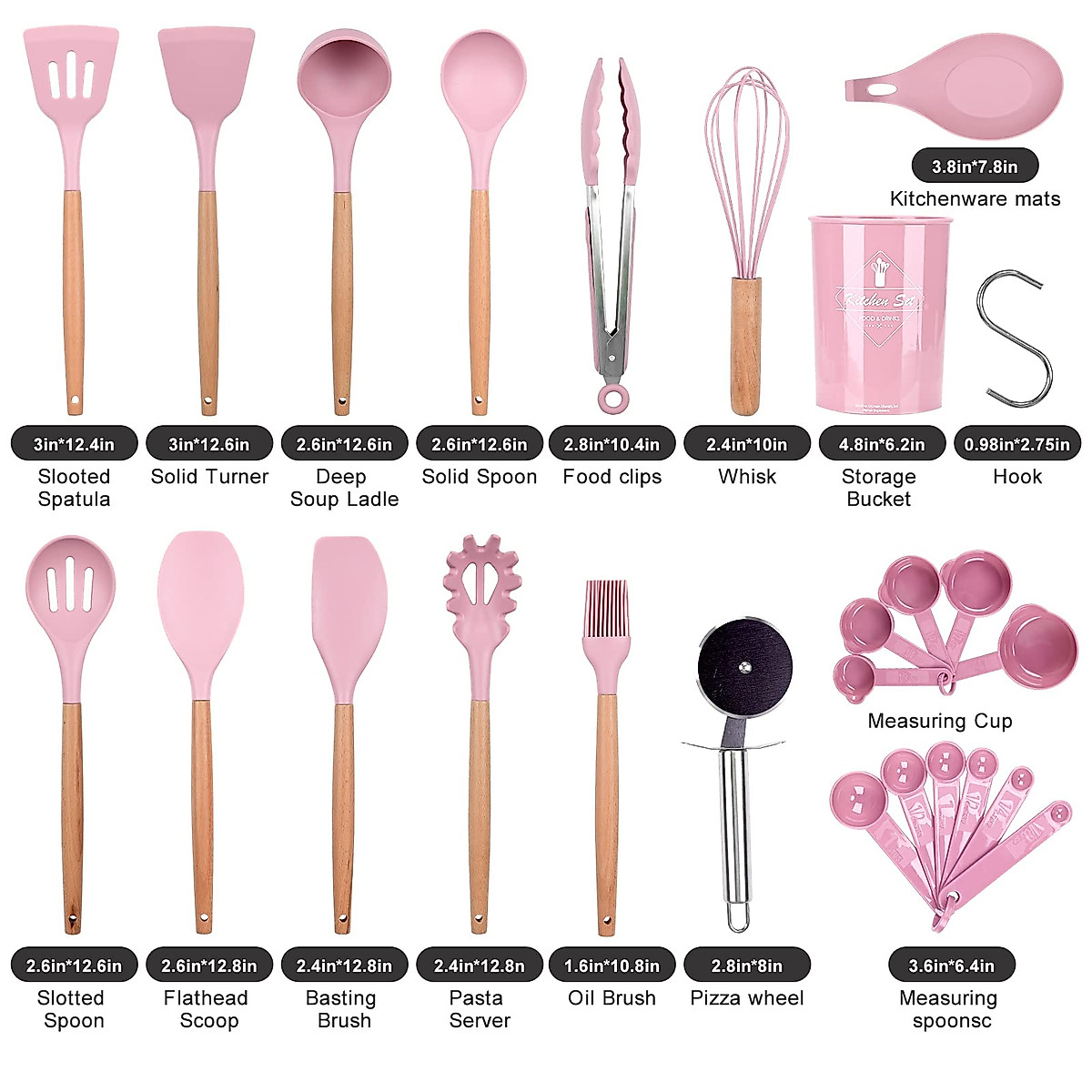 Silicone Cooking Utensils 35 Piece Set, ONATISMAGIN Kitchen Utensil Set Heat Resistant Non-Stick Cookware with Wooden Handle Suitable for Household Necessities Spatula Spoon Set (Pink)