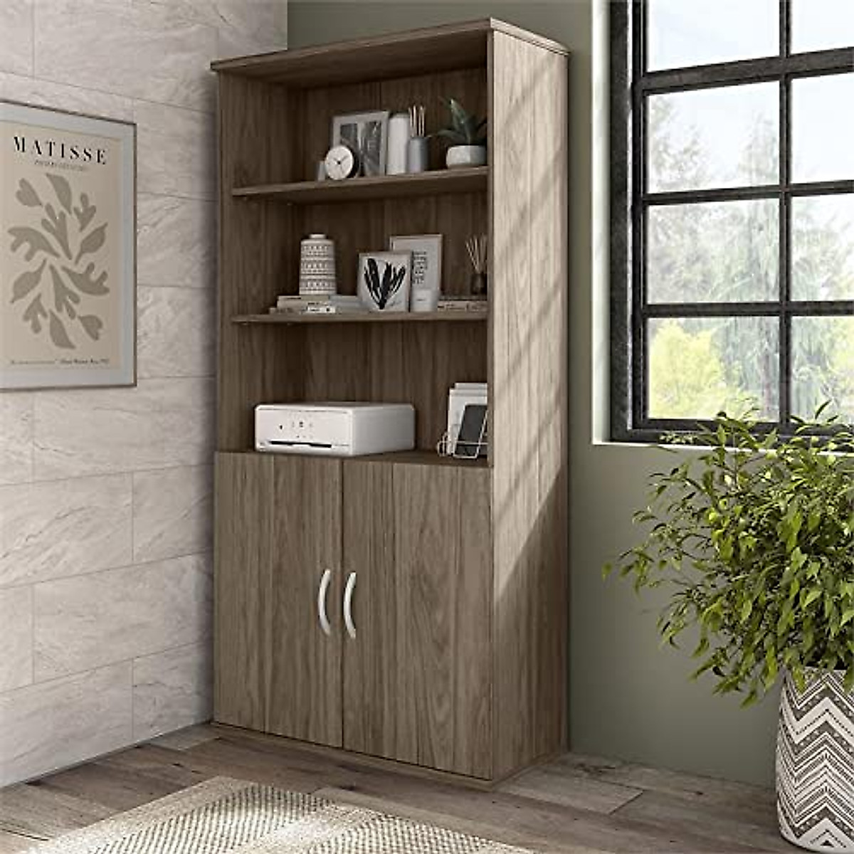 Bush Business Furniture Hybrid Tall 5 Shelf Bookcase in Modern Hickory