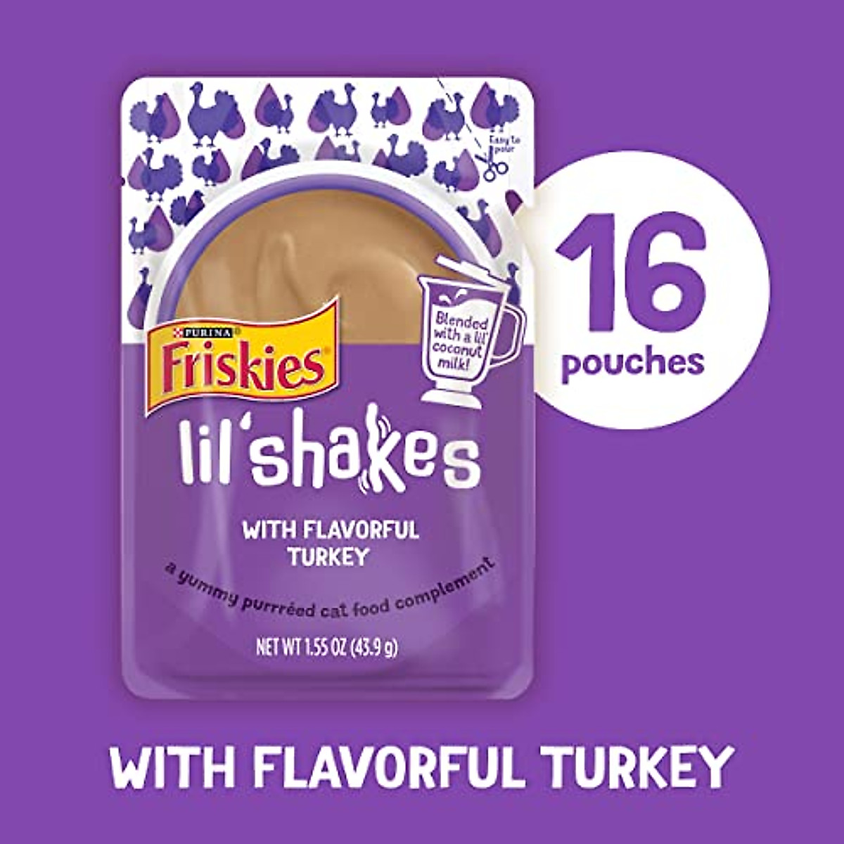 Purina Friskies Wet Pureed Cat Food Topper, Lil' Shakes With Flavorful Turkey Lickable Cat Treats - (Pack of 16) 1.55 oz. Pouches
